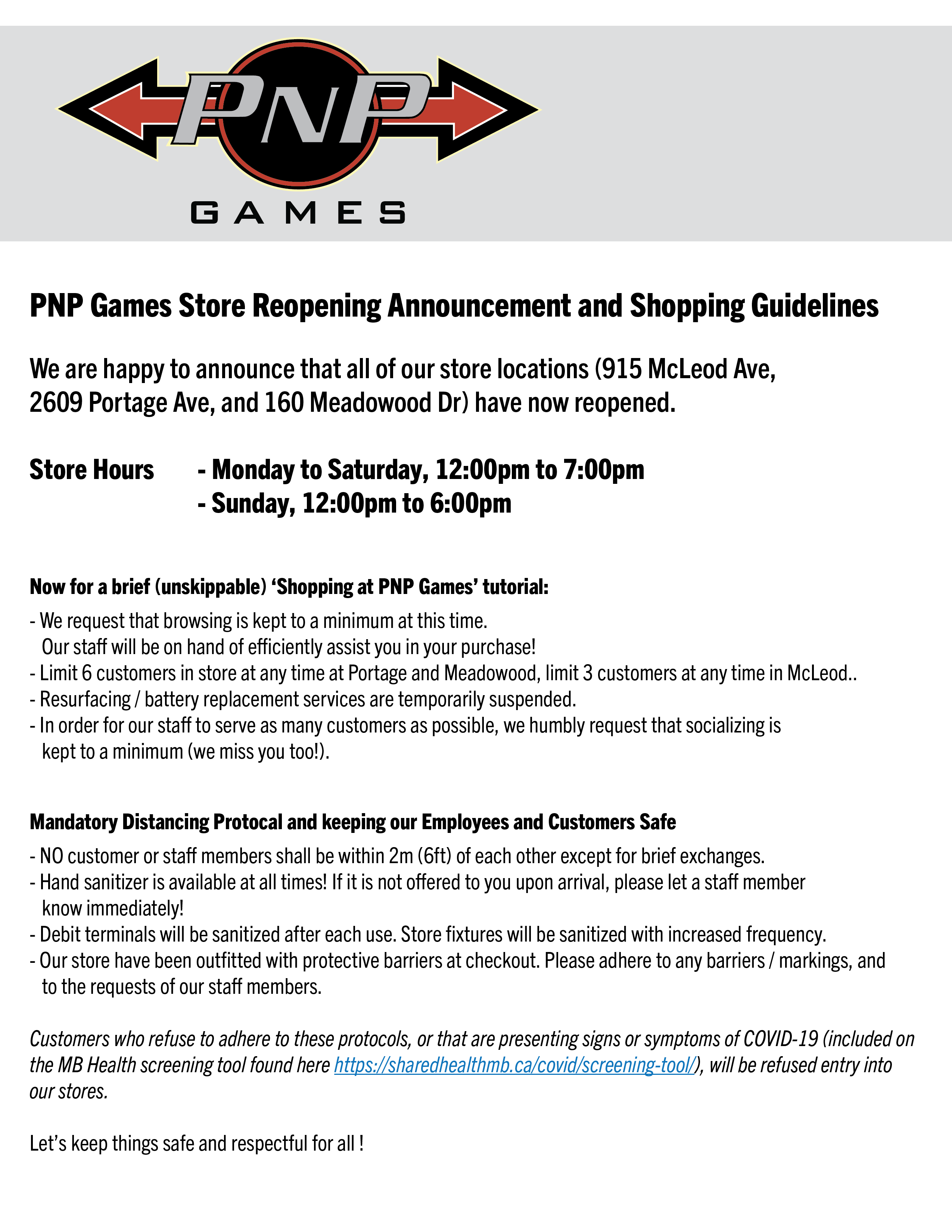 Winnipeg Retail Locations Reopened! | PNP Games